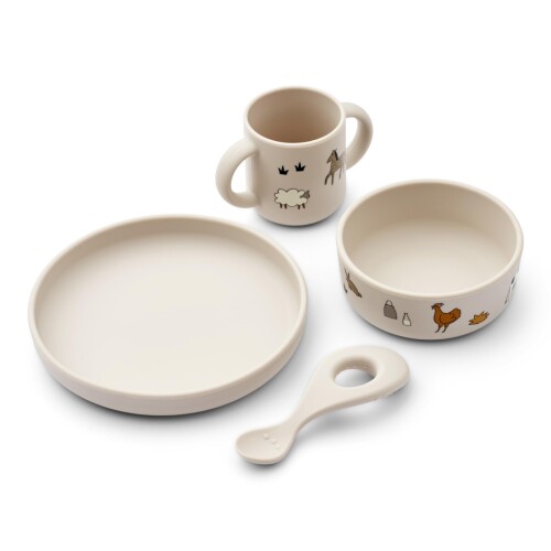 リーウッド ベビー食器セット シリコン 4点セット ベビー プレート ボウル コップ スプーン LIEWOOD Vivi Printed Tableware Set Farm 動物たちが描かれた遊び心のある食器 お子様の興味を引き、お食事タ...