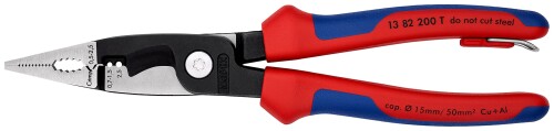 クニペックス KNIPEX 1382-200TBK エレクトロプライヤー 落下防止(BK) ヘッド:研磨ハンドル仕様:コンフォート プライヤー:黒く亜鉛合金メッキ平口 横すじ入りのつかみ面 切断能力(銅線(多芯)/直径;[ファイ]mm):1...