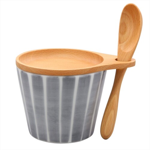 波佐見焼 Youyoo Cup カップ ストライプ グレー 112200C200 サイズ:約8.3×6.7cm 素材:カップ-磁器,スプーン・蓋-木 生産国:カップ-日本,スプーン・蓋-ベトナム 容量:約230ml 付属品:木蓋,木製スプー...