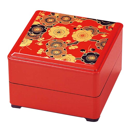 割烹漆器 若泉漆器 ミニお重 ?4.5寸重 朱に梅（内黒）2段 H-161-19A 生命力や繁栄を意味する縁起の良い文様として親しまれています。 お正月のおせち料理をはじめ、お花見や行楽の弁当、和菓子を詰めるなど、様々な用途で使われます。 ...