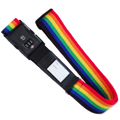 TSA 3桁暗証番号 スーツケースベルト ( ネーム タグ 付き) レインボー サイズ:最大使用長182×幅5cm 素材:テープ/ポリエステル、バックル/ポリアセタール 原産国:日本 スーツケースをおしゃれカラフルにしてくれるスーツケース用...