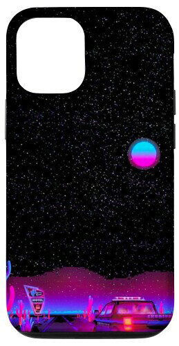 Synthwave レトロ オープン ロード 美的アート スマホケース iPhone 12/12 Pro 用 レトロな未来的なオープンロードシーン。鮮やかなグラデーションサボテン、宇宙空背景、蒸気太陽、広い地平線の風景、80年代スタイルの車...