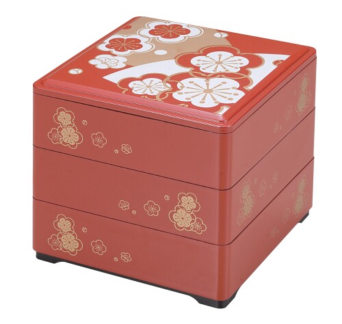 割烹漆器 ?若泉漆器 お重箱 6.5寸重 朱梅（内黒）深型3段 H-150-60A 外寸　19.5×19.5×16.4cm 「朱」は朱色(鮮やかな赤色)、「梅」は梅の花の模様が描かれている 5〜6人用の重箱に使われることが多いサイズです。 ...