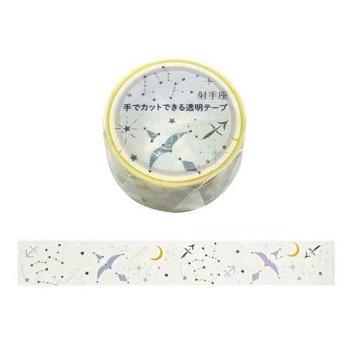 クローズピン 12星座透明マスキングテープ 20mm幅 射手座 MT16623 【サイズ】40×20×40mm 【重さ】10g 【仕様】テープ長さ3m 【素材】PET/粘着剤:アクリル系 、金箔加工 PET素材のマスキングテープなので透明感...