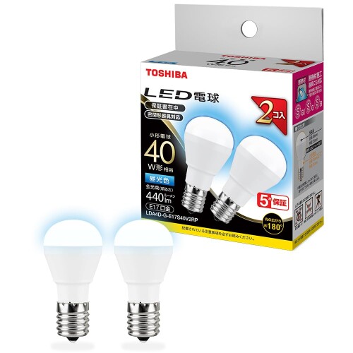 TOSHIBA(東芝) LED電球 E17 A形 40W相当 広配光 昼光色 2P 密閉器具対応 LDA4D-G-E17S40V2RP 外径:35mm×全長:69mm 全光束:440lm 平均演色評価数:83Ra 定格寿命:40,000 h...