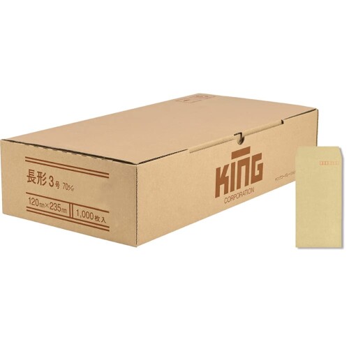 キングコーポレーション 封筒 クラフト 長3 再生紙100% 1000枚入 181304 本体サイズ:120mm×235mm 紙厚:70g 本体色:クラフト 内容量:1000枚入 グリーン購入法適合の古紙パルプ配合率100%の封筒 ■定形封...