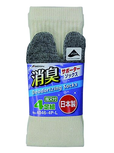 福徳産業 消臭グッズ全般 キナリ L 消臭サポーター 指又付 4足組 Lサイズ 4046-4P-L 本体サイズ:25〜27cm 素材・原材料:綿、ポリエステル、ポリウレタン 生産国:日本 ■日本製の消臭サポーターソックス 商品コード2008...