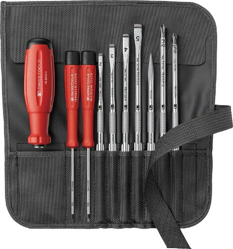 PB SWISS TOOLS ピービースイスツールズ 差替式ドライバーセット 9本組 ブラックロールアップケース付 38218.BK ケースカラー:ブラック、質量(g):400 セット内容:ドライバーハンドル(38215.A)、マイナスブレ...