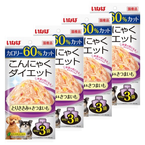 いなば こんにゃくダイエット とりささみ＆さつまいも 犬用フード 60g×3袋 4個セット 体重が気になるわんちゃんに! ■低カロリーのこんにゃくと鶏ささみのフレークにさつまいもをトッピングした、カロリーが気になるわんちゃんも大満足なフード...