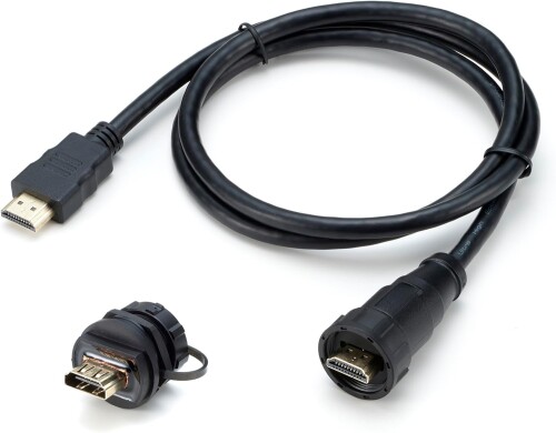 HDMI 防水ケーブル・パネルマウントコネクタセット 防水防塵IP67（1メートル） ケーブル:HDMI Type A (オス) / 防水側HDMI Type A (オス) 使用温度:-40[度]〜+80[度] コネクター:HDMI Typ...