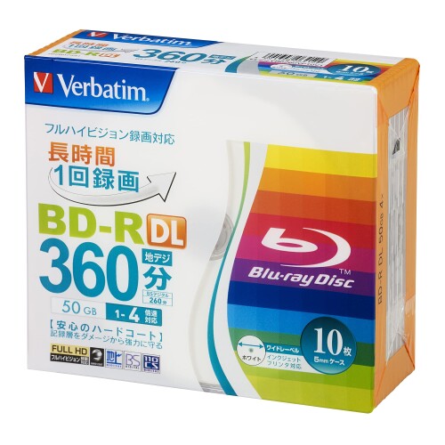 Verbatim バーベイタム 1回録画用 ブルーレイディスク BD-R DL 50GB 10枚 ホワイトプリンタブル 片面2層 1-4倍速 VBR260YP10V1 品種:録画用 BD-R DL(50GB) 1回録画用 録画時間:地デジ ...