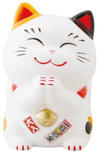 昭峰作 幸せ 招き猫 宝くじ入れ 大 みけ 貯金箱 SN-042 本体サイズ:約10.8×高さ16.5cm 素材・材質:陶器 生産国:日本 宝くじは付いていません 宝くじを入れるカゴを背中に背負った招き猫型の貯金箱。 かわいい「お祈りポーズ...