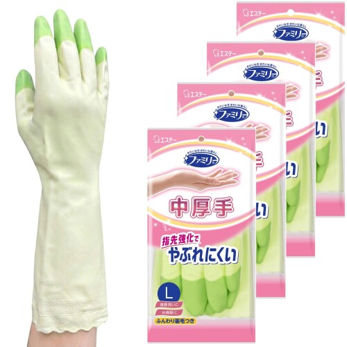 ファミリー (まとめ買い) ビニール手袋 中厚手 指先強化 Lサイズ グリーン×4個 キッチン 食器洗い 掃除 洗濯 ガーデニング ビニール 手袋 【ふんわり裏毛で手触りやわらか】 ベタつかず、保温性に優れています。 【指先強化タイプ】 や...