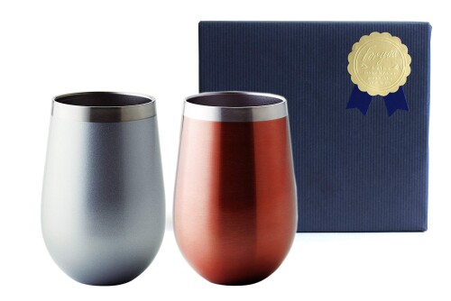 maebata タンブラー サーモラウンドタンブラー ペア シルバー&ブロンズ 真空断熱 二重構造 ステンレス リュクス 350ml プレミエール アオヤマ 51431 本体サイズ:[ファイ]8.5×H12cm ギフト用のラッピング済の商品...