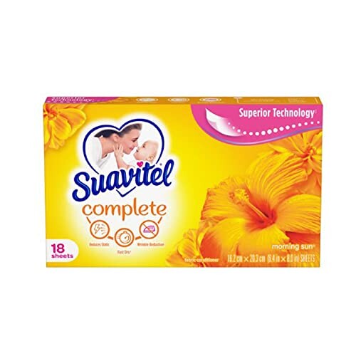 Suavitel スアビテル柔軟シート モーニングサン 18ct 朝の香り:シトラスとフローラルの香りが爽やかで優しい香りの乾燥機用シート 使用枚数:1回の乾燥に1枚使用で18回分の使用が可能 柔軟効果:衣類を柔らかく仕上げ、静電気も防止し...