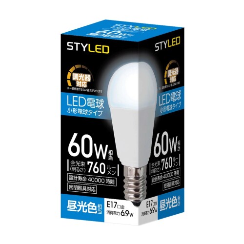 スタイルド LED電球 E17 昼光色 60W形相当 調光器対応 ミニクリプトン形 広配光タイプ 密閉器具対応 HA6D17D1 【調光器対応】全光束:760lm(小形電球60W相当)/消費電力:6.9W 光色:昼光色(6500K) 設計寿...