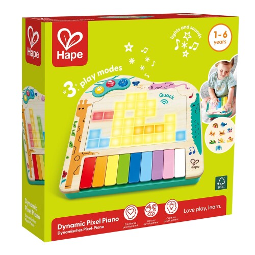 Hape(ハペ) 光るピクセルアートピアノ E0635 対象年齢:1歳以上 木目調の画面が光る!?不思議で楽しいピアノ! ■普通のピアノとして楽しめる「ピアノモード」だけでなく、鍵盤を押すと動物たちのピクセルアートが鳴き声と一緒に楽しめる「...