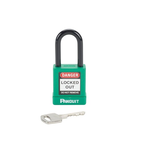 パンドウイット ロックアウト用非電導性パドロック(南京錠) 緑 PSL-8GR アルミ製ボディとシャックルは非伝導性のポリエチレンで保護されており、電気的障害に対応しています。 安全性が高いダブルロックで6ピンシリンダーです。 完全にロック...