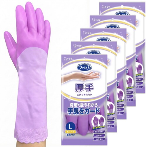 ファミリー (まとめ買い) ビニール手袋 厚手 指・手のひら強化 Lサイズ パープル×5個 園芸 庭仕事 掃除 洗濯 洗車 キッチン 食器洗い ビニール 手袋 【洗剤・油汚れから 手肌をガード】手袋表面には抗菌効果 ※があります。内側の「抗...