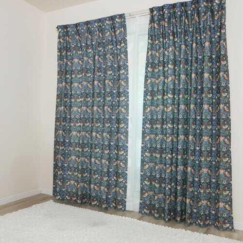 (カエイレース) 防炎 カーテン 2枚セット(厚地1枚・レース1枚)ウィリアムモリス厚地(断熱 保温 3級遮光)+ ミラーレース(程よい透け感で風を感じるナチュラル感) サイズ:【幅200cm×丈260cm 】 付属のアジャスターフックの調...