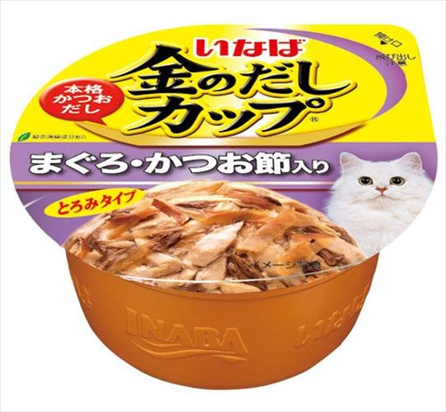 おいしいだしは美しい「金色」の輝き。金のだしシリーズ【メーカー】いなばペットフード　株式会社【分類】猫フード【原材料】かつお、まぐろ、かつお節、かつお節エキス、増粘多糖類、ビタミンE、タウリン、緑茶エキス【保証成分】たんぱく質9.0%以上、...