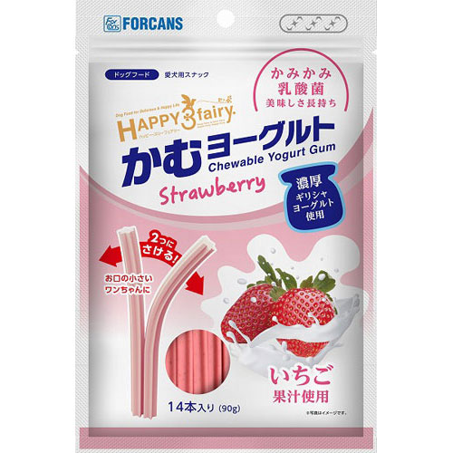 いちご果汁・濃厚ギリシャヨーグルトを贅沢に使用。弾力のある触感と抜群の噛みごたえでずっとかみかみ、おいしさ長持ち。半分に分けてお口の小さいわんちゃんにも。【原材料】コンスターチ、マルチトール、豚ゼラチン、グリセリン、亜麻仁粉末、増粘安定剤(...