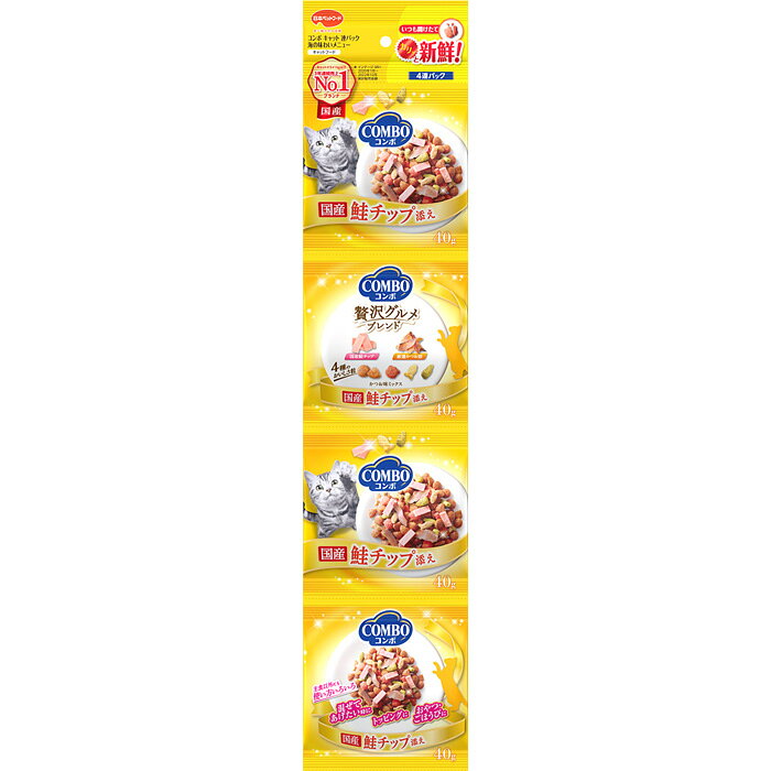 ・40g×4袋の食べきりサイズ。どこからでも切れるマジックカット採用。・かつお味に彩り豊かな鮭チップ、かつお節を添えた海の味わいメニュー。・猫下部尿路の健康維持に配慮した、低マグネシウム設計。(マグネシウム含有量0.12％:標準値)・総合栄...