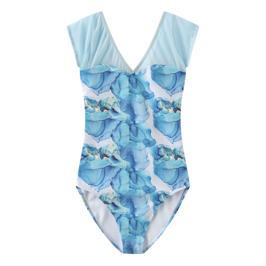 バレエ レオタード 大人リーナ フレンチスリーブ メッシュ マーブル プリント柄