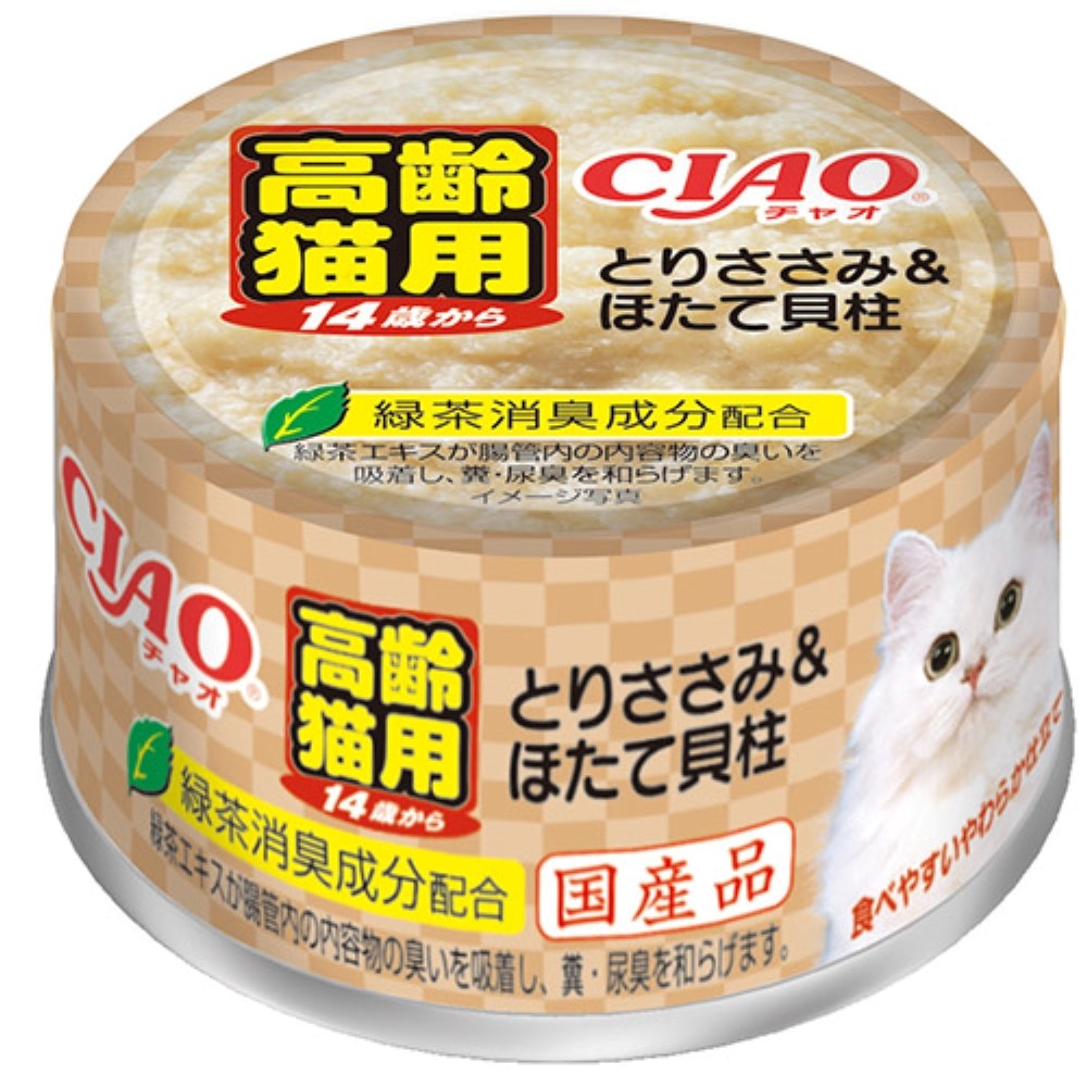 [商品サイズ(mm)]68×68×35[単品重量(g)]96 [エネルギー]約45kcal/缶[栄養成分]たんぱく質8.0%以上、脂質0.4%以上、粗繊維0.1%以下、灰分1.5%以下、水分90.0%以下[原材料]鶏肉（ささみ）、ほたて貝柱...