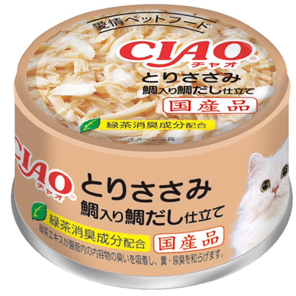 [商品サイズ(mm)]68×68×37[単品重量(g)]115 [エネルギー]約55kcal/缶[栄養成分]たんぱく質12.0%以上、脂質0.5%以上、粗繊維0.1%以下、灰分2.0%以下、水分85.0%以下[原材料]鶏肉（ささみ）、鯛、鯛...