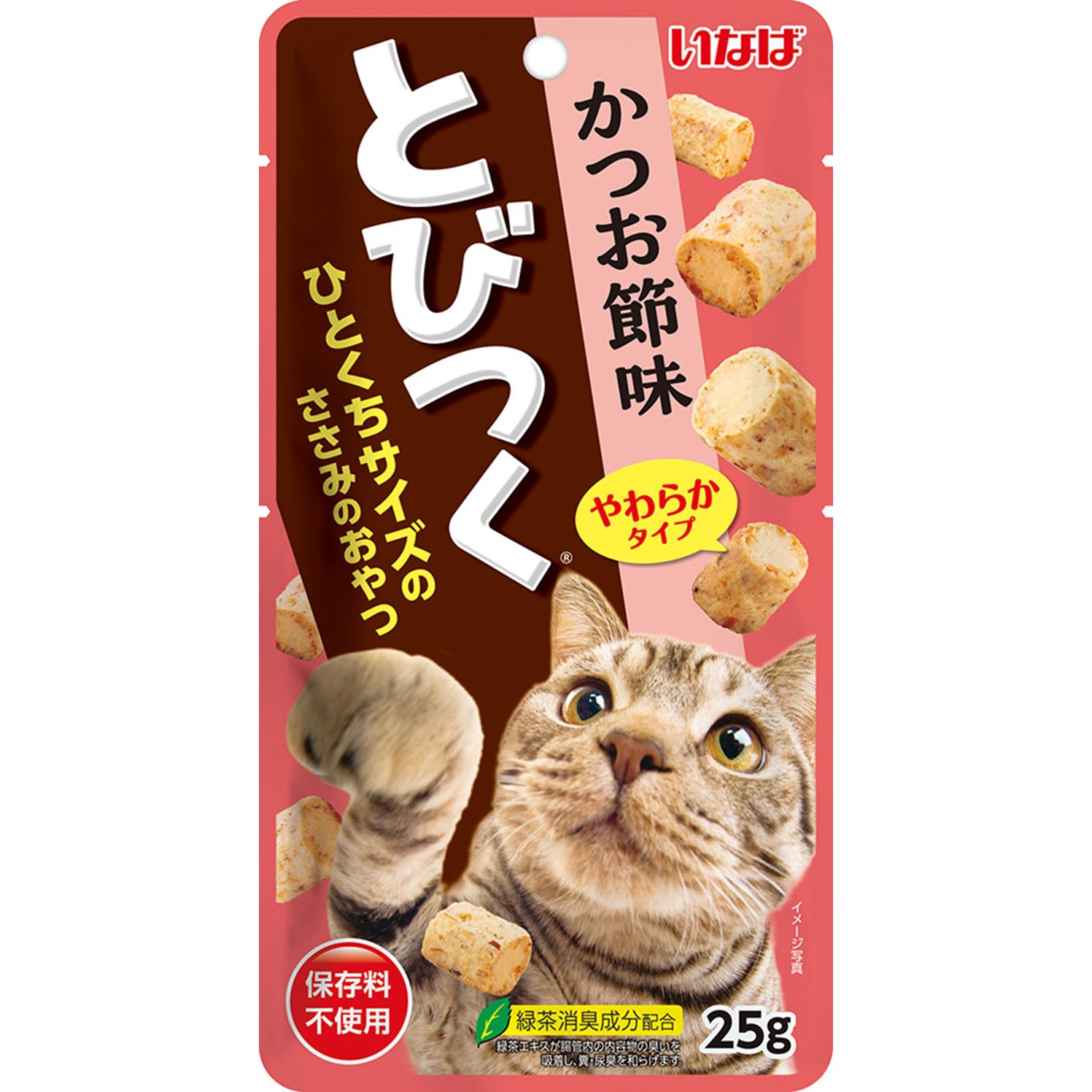 [商品サイズ(mm)]100×20×190[単品重量(g)]28 [エネルギー]約40kcal/袋[栄養成分]たんぱく質24.0%以上、脂質2.5%以上、粗繊維0.2%以下、灰分2.0%以下、水分71.0%以下[原材料]鶏肉、かつお節、かつ...