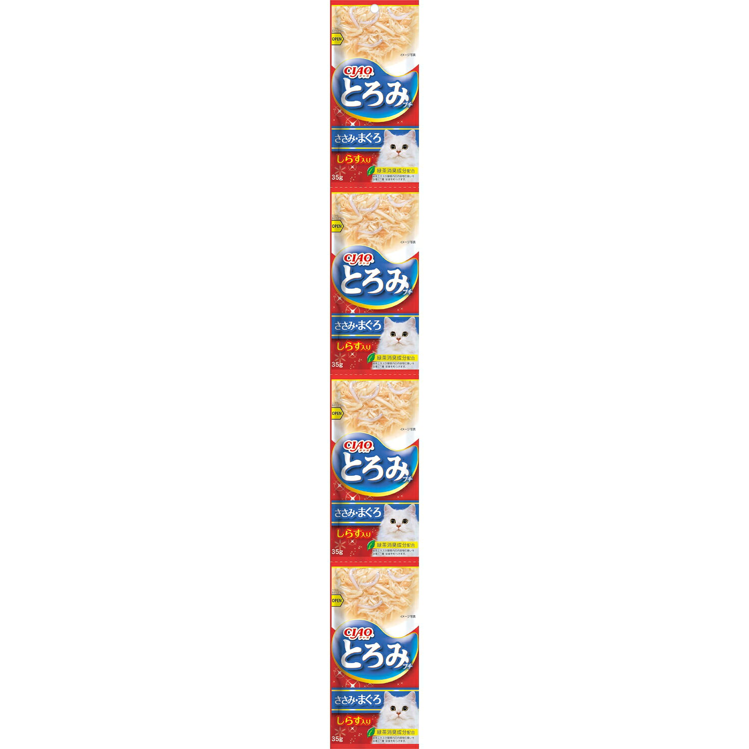 [商品サイズ(mm)]64×10×540[単品重量(g)]148 [エネルギー]約13kcal/袋[栄養成分]たんぱく質6.5%以上、脂質0.2%以上、粗繊維0.1%以下、灰分2.0%以下、水分91.0%以下[原材料]鶏肉（ささみ）、まぐろ...
