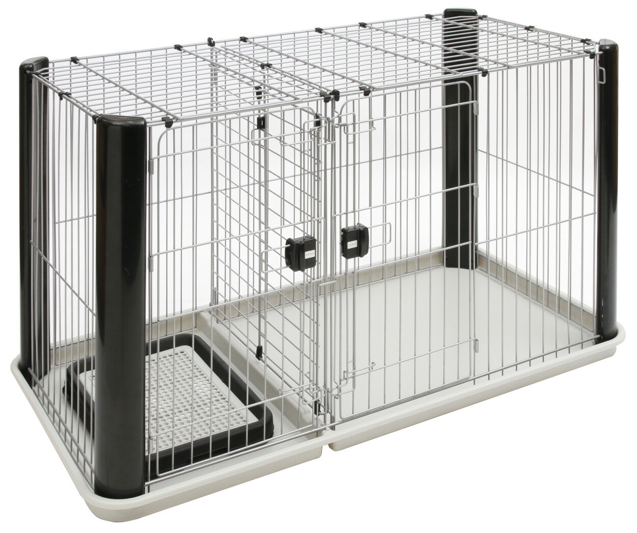 [商品サイズ(mm)]1310×660×710[単品重量(g)]17500 [原材料]柱部：ABS樹脂、トレー：ABS樹脂、ロック部：ABS樹脂、フェンス：鉄、ジョイント：ポリプロピレン[商品説明]開閉ラクラクな屋根面付きなので、愛犬の飛び...
