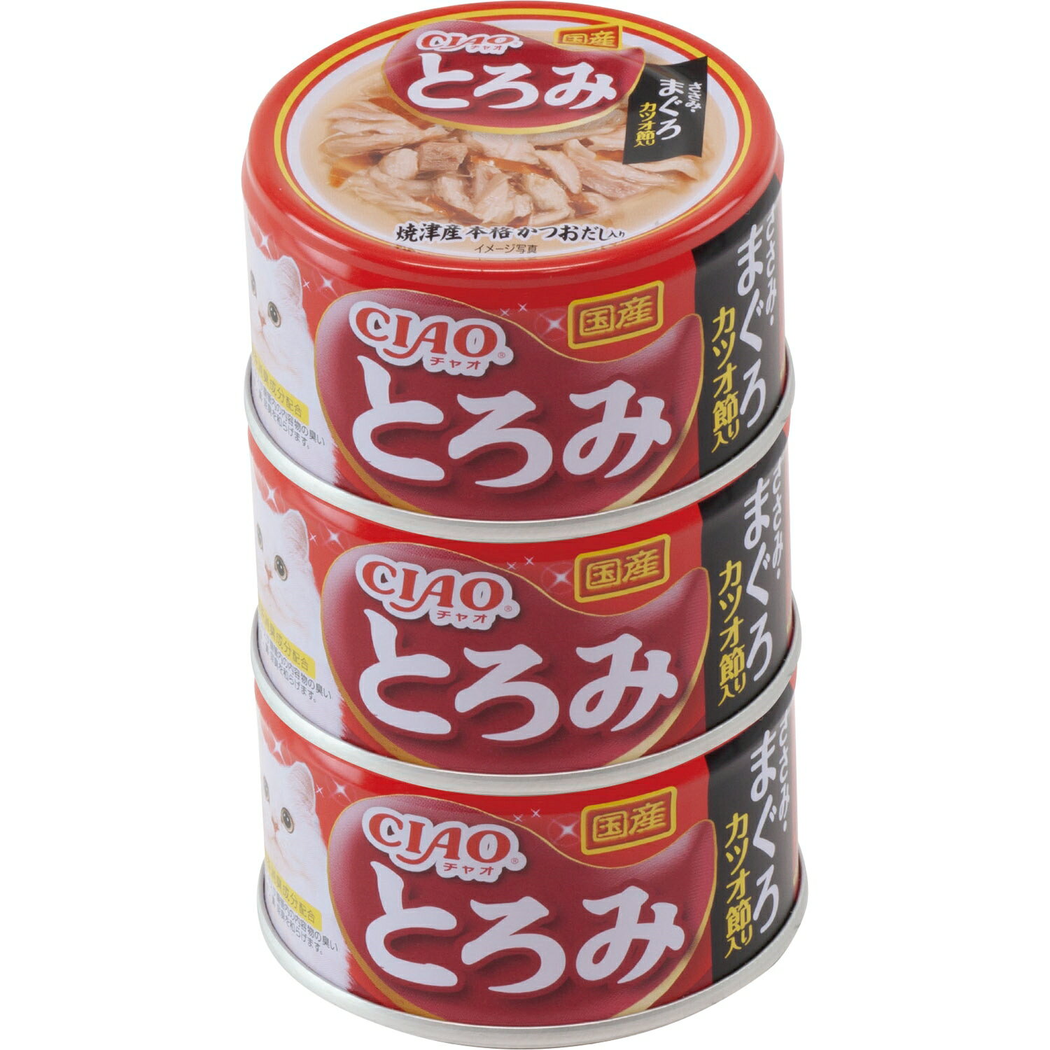 [商品サイズ(mm)]68×68×105[単品重量(g)]330 [エネルギー]約30kcal/缶[栄養成分]たんぱく質6.5%以上、脂質0.2%以上、粗繊維0.1%以下、灰分1.0%以下、水分92.0%以下[原材料]鶏肉（ささみ）、まぐろ...