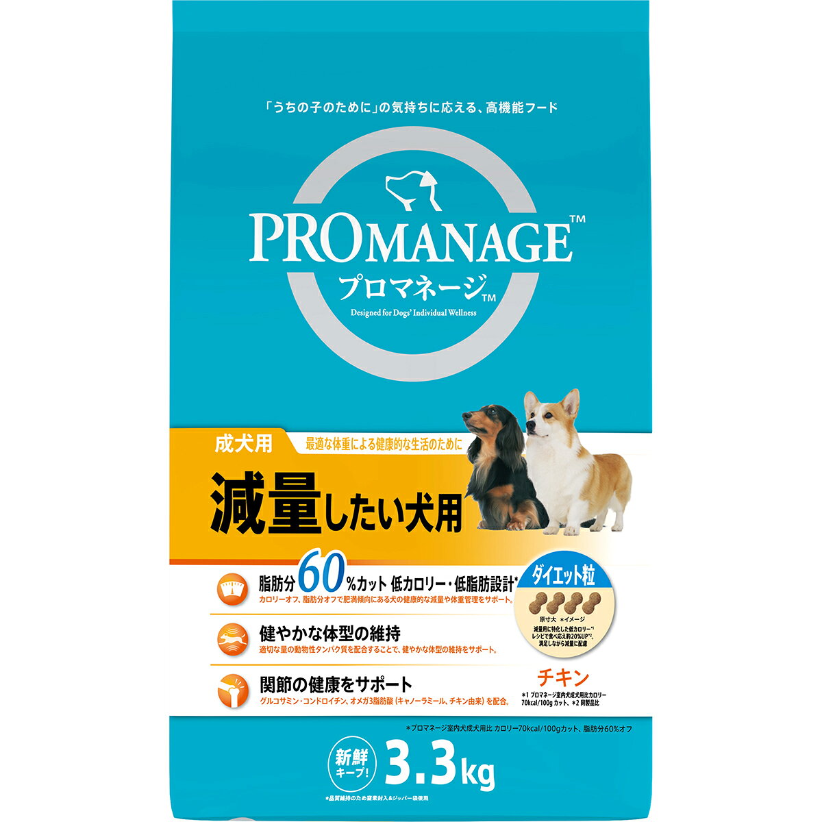 [商品サイズ(mm)]280×85×480[単品重量(g)]3350 [エネルギー]305kcal/100g[栄養成分]たんぱく質20.0％以上、脂質5.5％以上、粗繊維7.0％以下、灰分12.0％以下、水分12.0％以下、[その他含有成分...