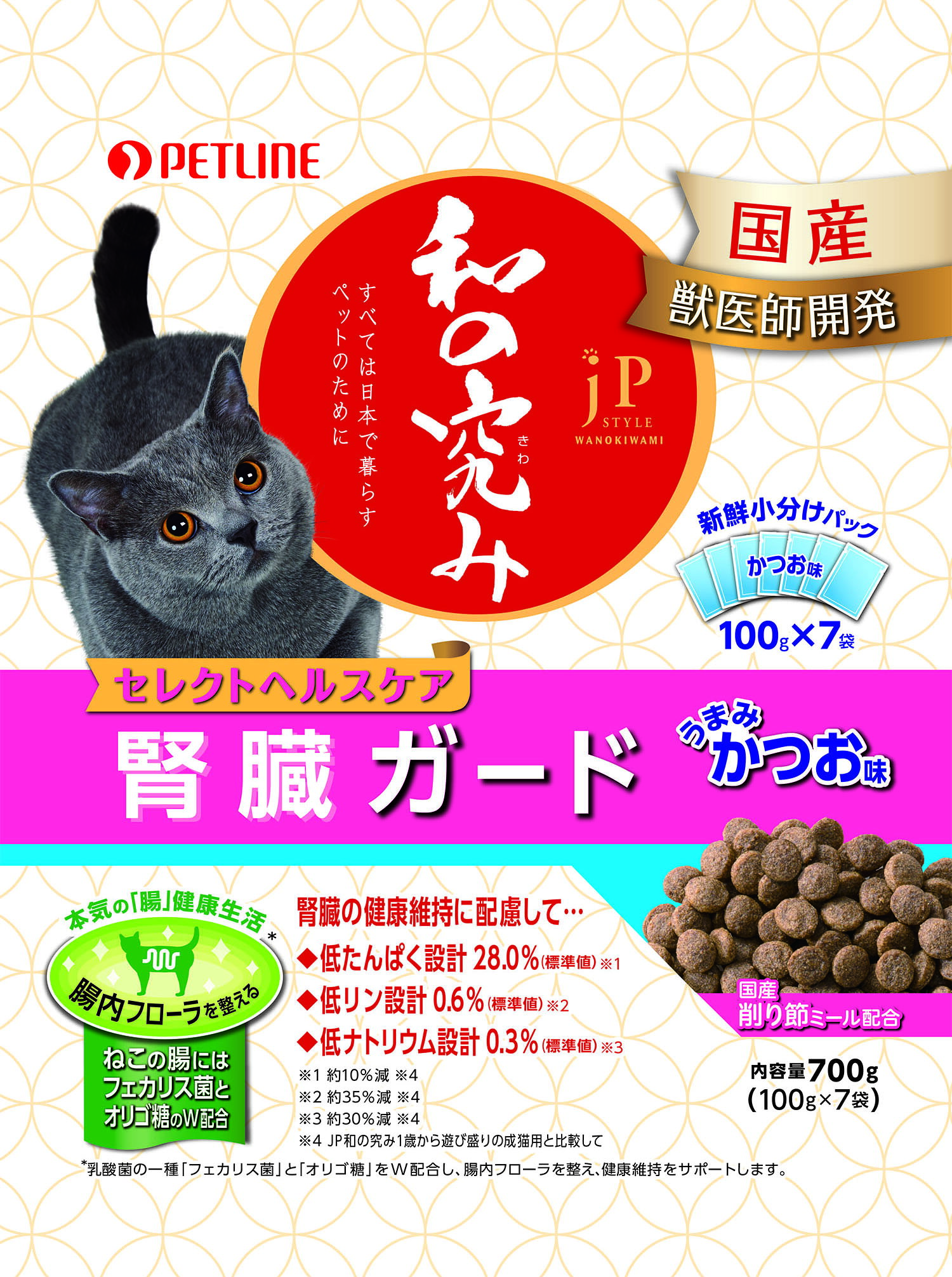 [商品サイズ(mm)]185×115×375[単品重量(g)]750 [エネルギー]360kcal/100g[栄養成分]たんぱく質27.0%以上、脂質14.0%以上、粗繊維5.0%以下、灰分9.0%以下、水分10.0%以下、食物繊維8.0%...