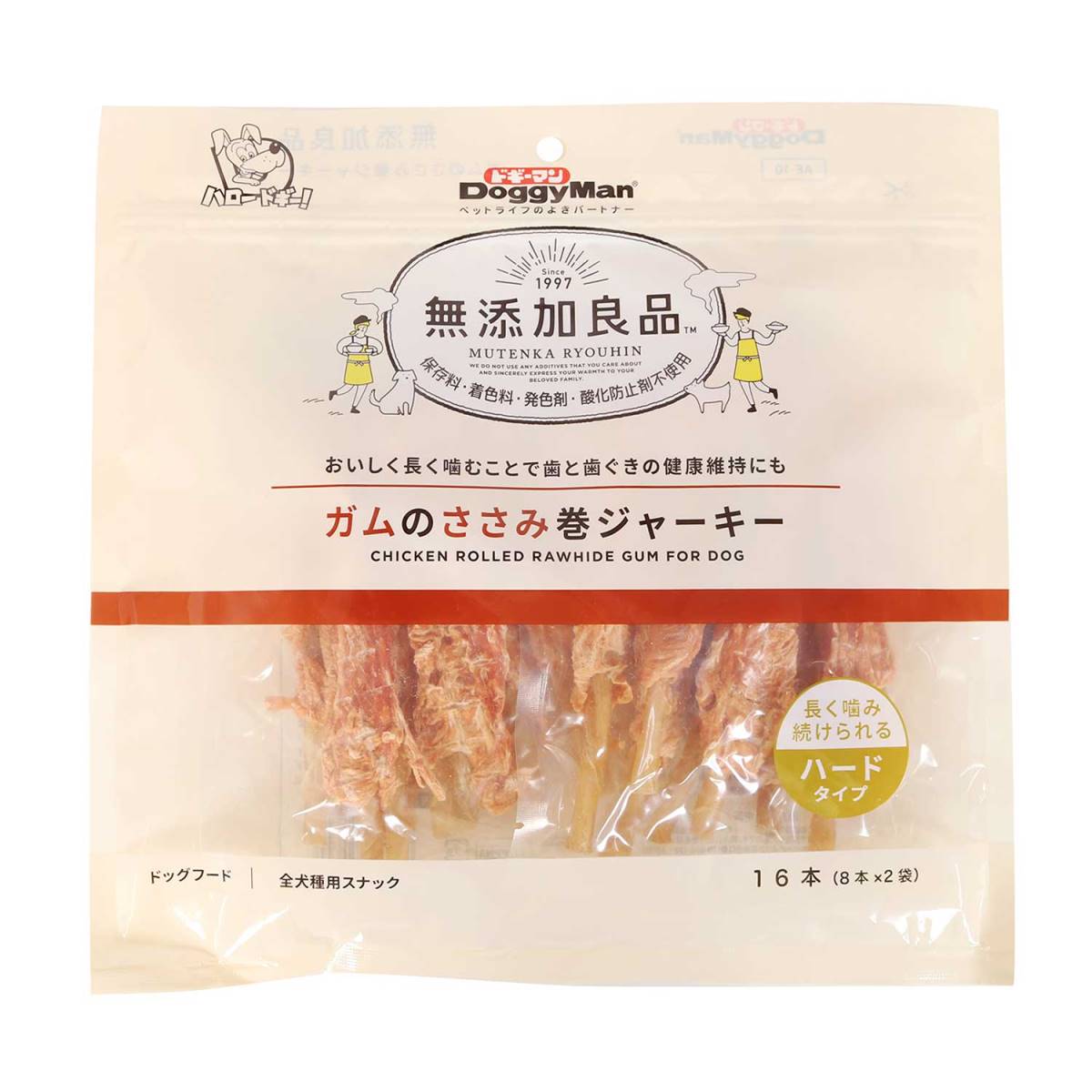 [商品サイズ(mm)]290×40×280[単品重量(g)]240 [エネルギー]340kcal/100g[栄養成分]たんぱく質40%以上、脂質0.1%以上、粗繊維2%以下、灰分5%以下、水分20%以下[原材料]鶏ササミ、牛皮、コーンスター...