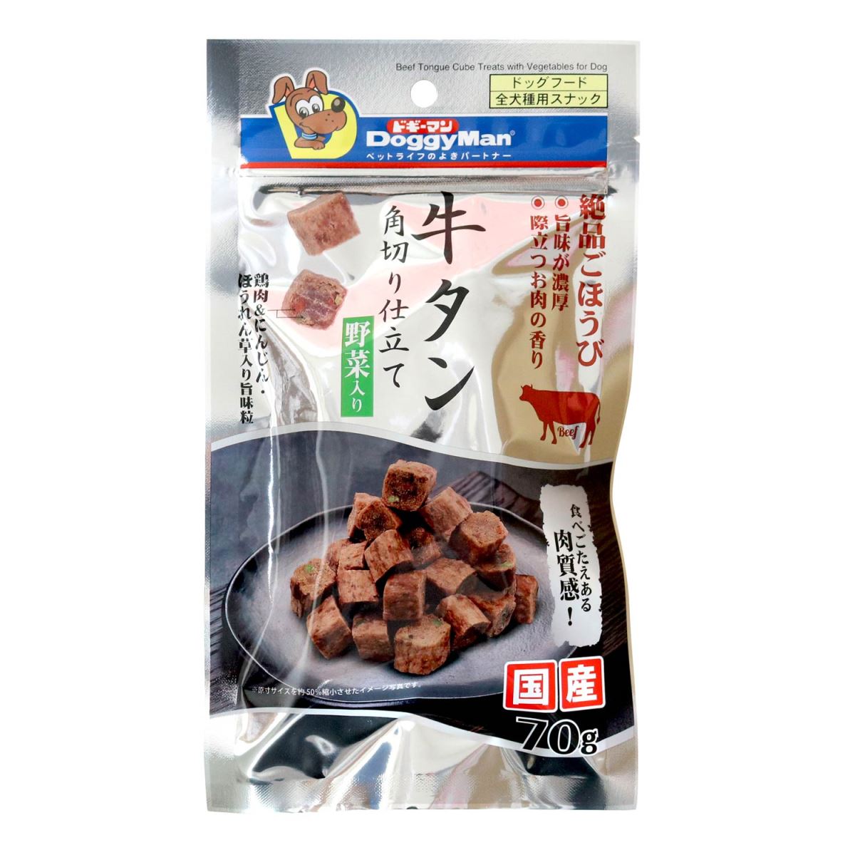 [商品サイズ(mm)]130×20×230[単品重量(g)]80 [エネルギー]320kcal/100g[栄養成分]たんぱく質16.5%以上、脂質3.5%以上、粗繊維1.5%以下、灰分7%以下、水分30%以下[原材料]牛タン皮、鶏肉、鶏むね...
