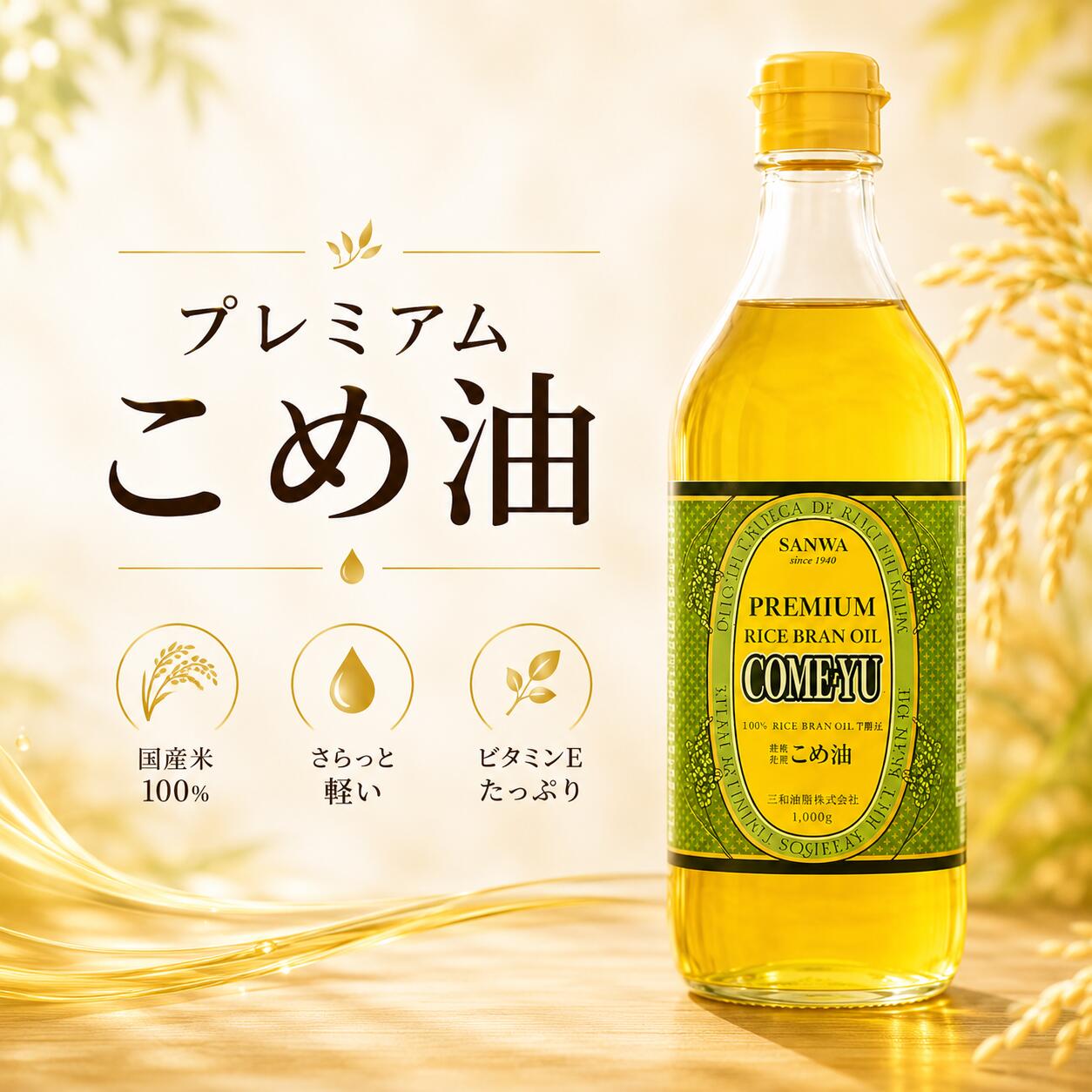 ■植物ステロールを効率よく含んだ"プレミアムオイル" //溶剤等を一切使用しない物理製法にこだわった安心・安全なこめ油 コメーユは、国産の新鮮な米ぬかを圧搾製法によって搾油し、スチームリファイニング法と呼ばれる物理精製法によって精油した、ピ...