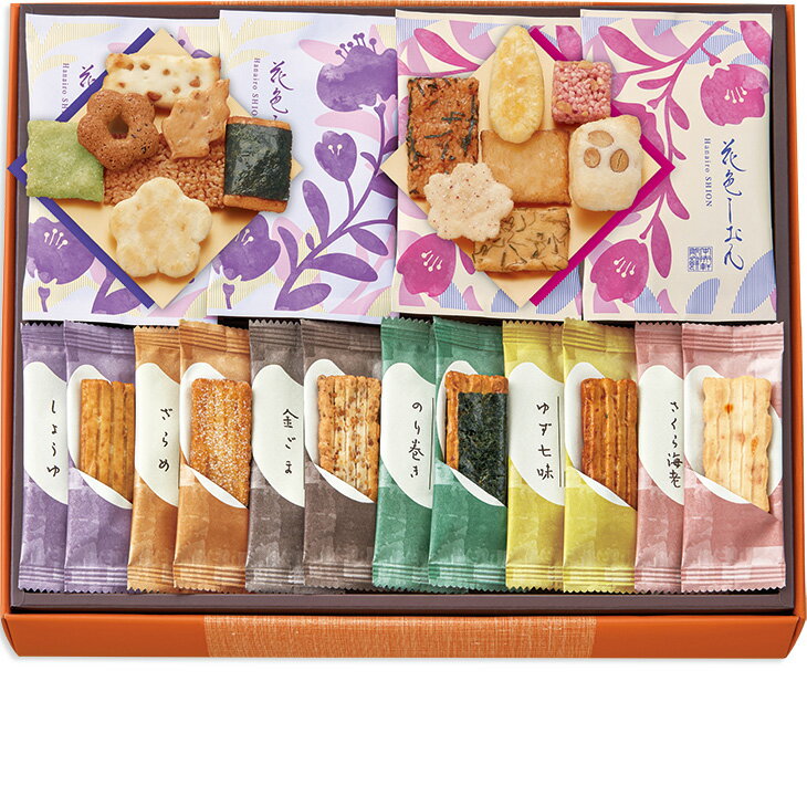 商品内容あられ・せんべい（藤紫×5、薄紅×6）おかき（しょうゆ、ざらめ、金ごま、ゆず七味）×各5（のり巻き、さくら海老）×各4各種アイコンアイコンの説明はこちら【カタログ掲載ページ】はこちら【夏ギフトについてのご案内】はこちら中央軒煎餅の人...