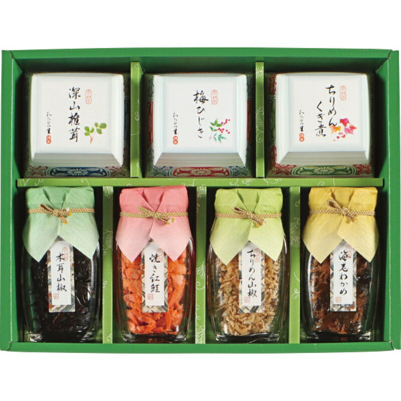 ◆商品名◆ 京・料亭わらびの里 京楽味 ●商品詳細（素材、スペック、内容物等） ・ちりめん山椒30g、焼き紅鮭43g、木耳山椒55g、海老わかめ65g、ちりめんくぎ煮50g、梅ひじき50g、深山椎茸60g ・含まれているアレルゲン：小麦、え...