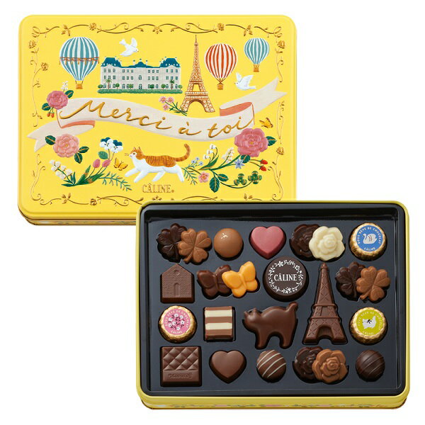 ■説明パリの街並みを楽しむ猫を描いた鮮やかなイエローの缶パッケージに、ハートやバラ、猫の形のチョコレートなど色とりどりのチョコレートを詰め合わせました。フルーツやナッツ、コーヒーなど味のバラエティも豊か。缶パッケージは、ついつい後使いしたく...