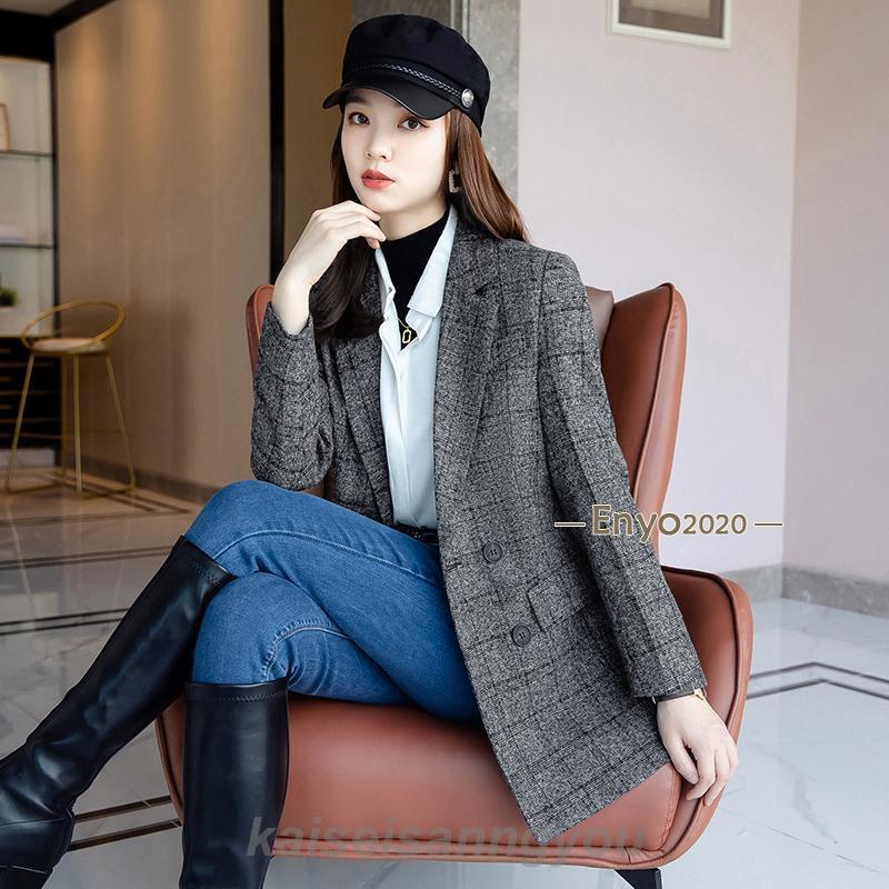 ピーコート レディース チェック柄 テーラード キレイめ 大人 ミドル丈 ダブル イギリス風 秋冬 Vネック ダブルジャケット コーヒー色 4XLまでサイズ:cmS 胸囲 88 肩幅 37 袖丈 56.5 着丈 69M 胸囲 92 肩幅 3...