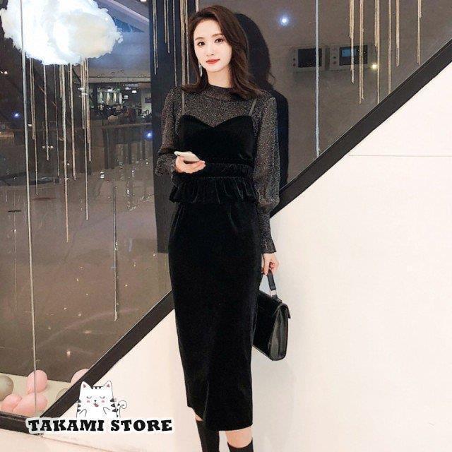 ● 商品名 ● パーティードレス 結婚式 お呼ばれ ドレス 韓国 ワンピース ロング ミモレ丈 黒 ベロアワンピース 袖あり ペプラムセットアップ レディース シースルー トップス 長袖 透け感 肌見せ 大きいサイズ 20代 30代 ハイネ...