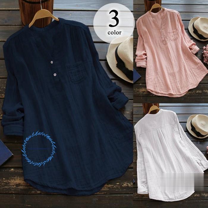 ロングシャツ Vネック トップス ブラウス チュニック レディース ナチュラル 無地 長袖 体型カバー ゆったり 秋服 新作カラーホワイト、ネイビー、ピンクサイズM L XL 2XL 3XL　　　　素材綿混紡ご注意※生地の性質上、多少縮む場...