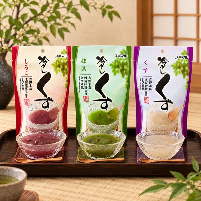 品名 冷やしくず　しるこ 内容 澱粉加工品 原材料 砂糖（国内製造（きび砂糖8%））、馬鈴薯澱粉（遺伝子組み換えでない）、小豆、フリーズドライ小豆、粉末あん、本葛、食塩 内容量 23g*3袋 賞味期限 製造日より1年 保存方法 直射日光、高...