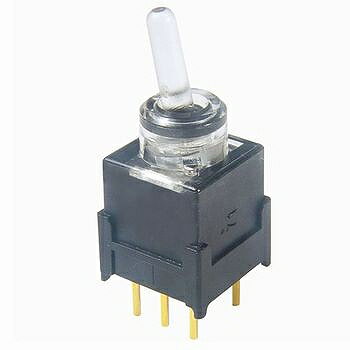 【仕様】・操作部形状：透明ショートプラスチックレバー・極数：単極・スイッチ特性：ON-ON・端子部形状：PC端子・定格：20mV〜28V・0.1mA〜0.1A・操作部色：シルバー・照光部：全面照光・LEDの色：赤・LEDとスイッチ：連動形・...