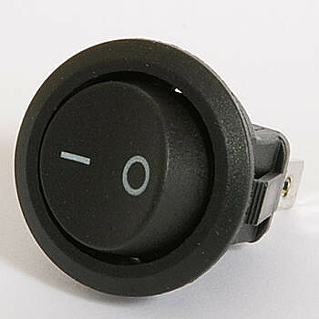 ちょっと変わった円型の単極単投(SPST)のON-OFFスイッチです。裏からパネルにはめ込んで取り付けます。・パッケージ：WAVE-15・操作部形状：丸・操作部表示：○-｜表示・極数：単極単投・スイッチ特性：ON-OFF・端子部形状：タブ端...