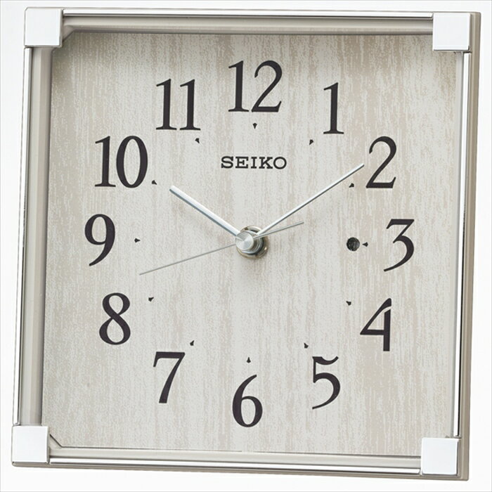 ナチュラルな空間に彩りを添える木目柄置時計枠材プラスチック枠（薄グレー）前面：ガラス サイズ・重さ162×164×75mm 320g 電池単3（アルカリ）×1(電池寿命約1年間) 機能電波修正機能（40kHz/60kHz自動選局・受信OFF...