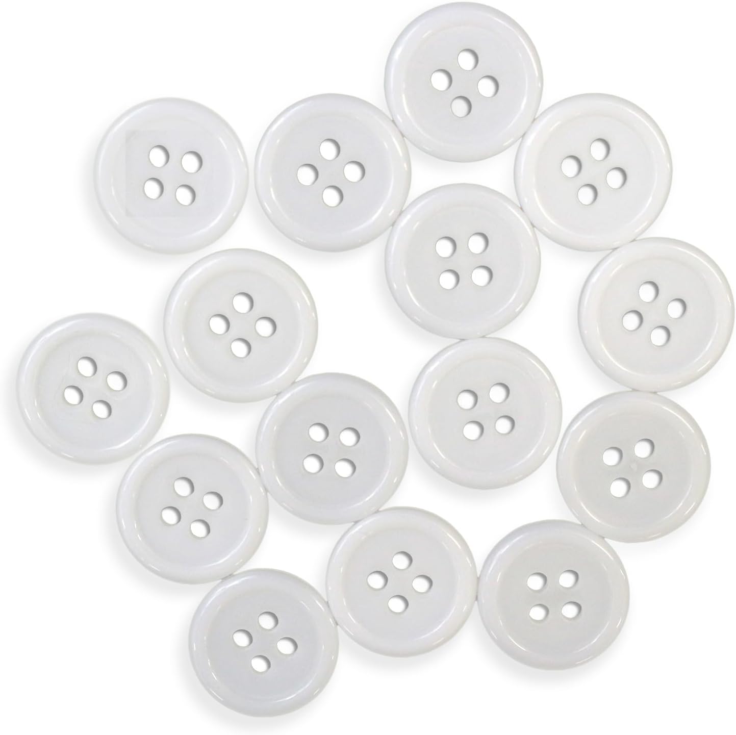 ●【サイズ】直径約15mm　【数量】15個●【ボタンの形】四つ穴ボタン　【材質】プラスチック　【カラー】ホワイト ツヤあり●【用途】ボタンの取れてしまったコートやシャツボタンとして。カーディガンやブラウス、靴下・手袋などの小物にもおすすめで...